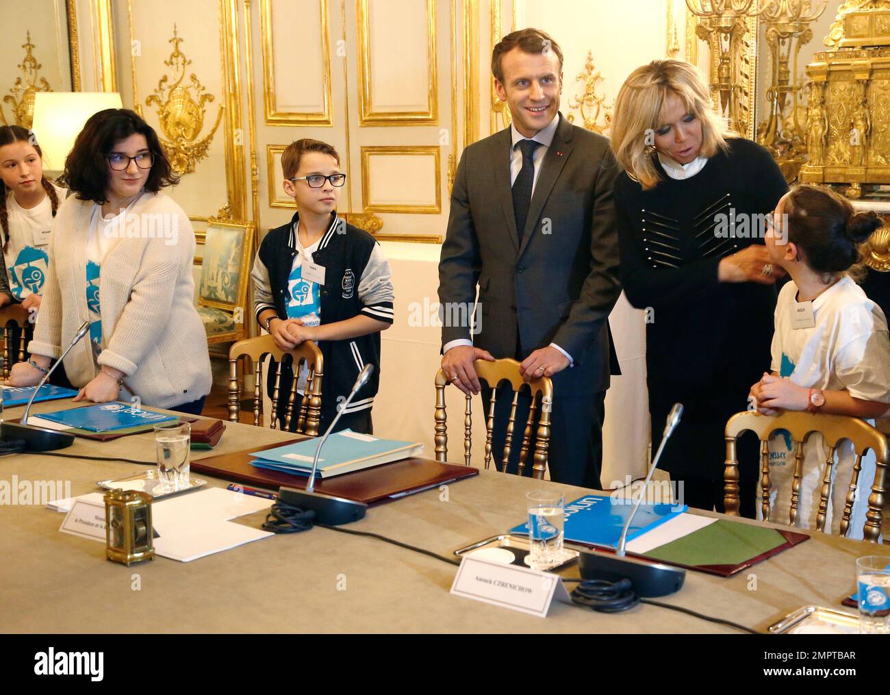 French President Emmanuel Macron and his wife Brigitte Macron, meet a ...