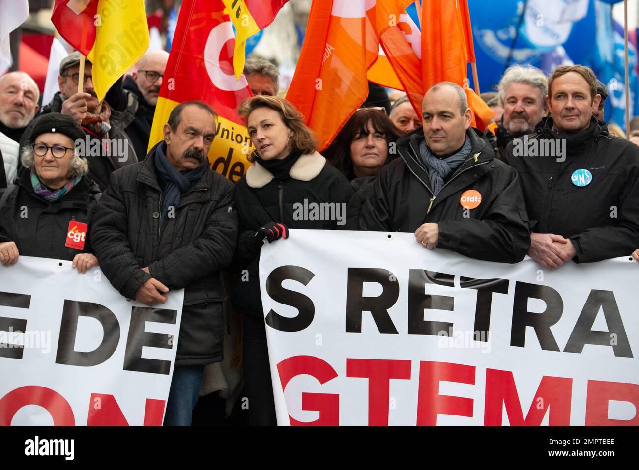 Demonstrators including French CGT trade union General Secretary ...