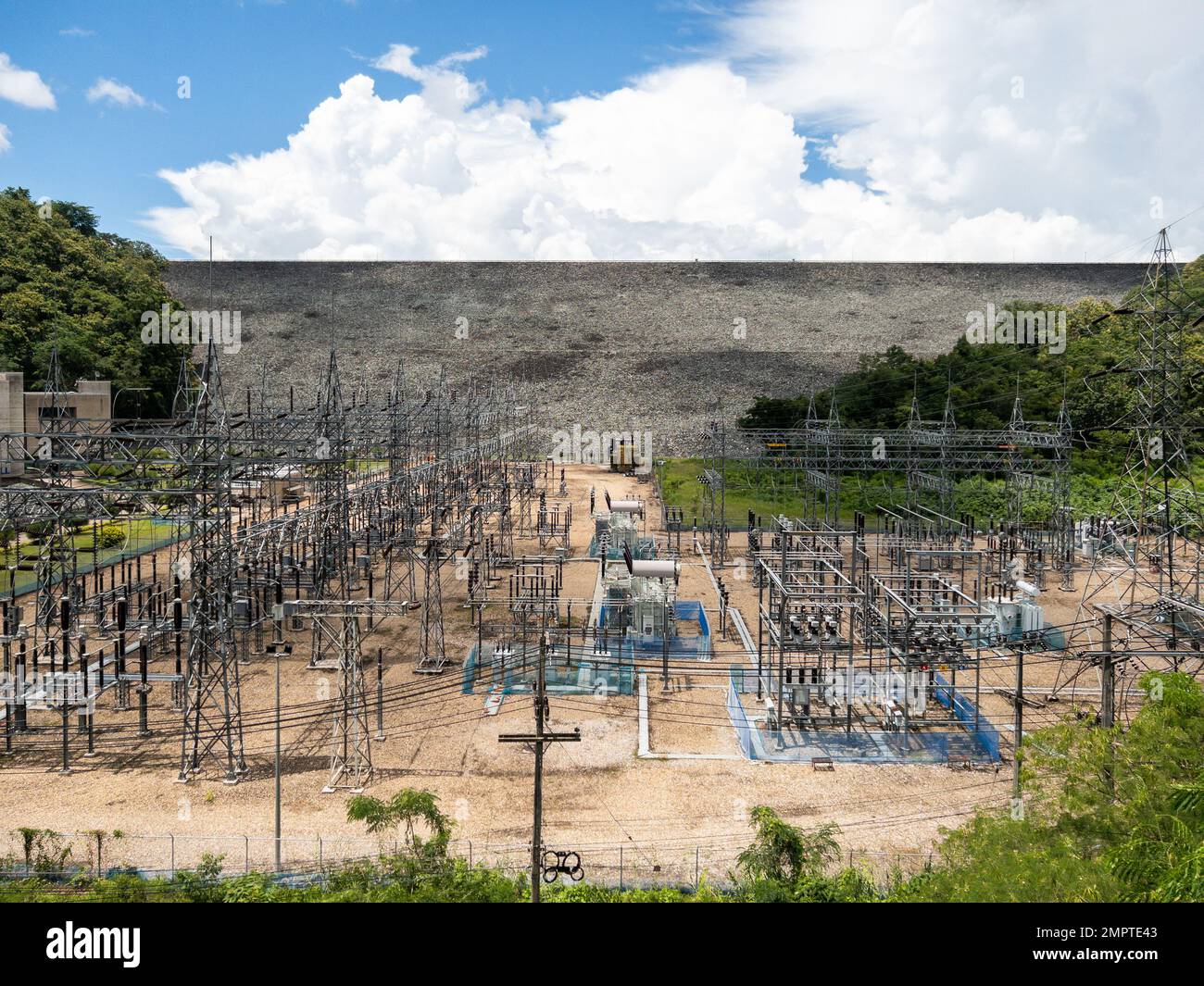The high voltage station near the hydroelectric power plant behind the ...