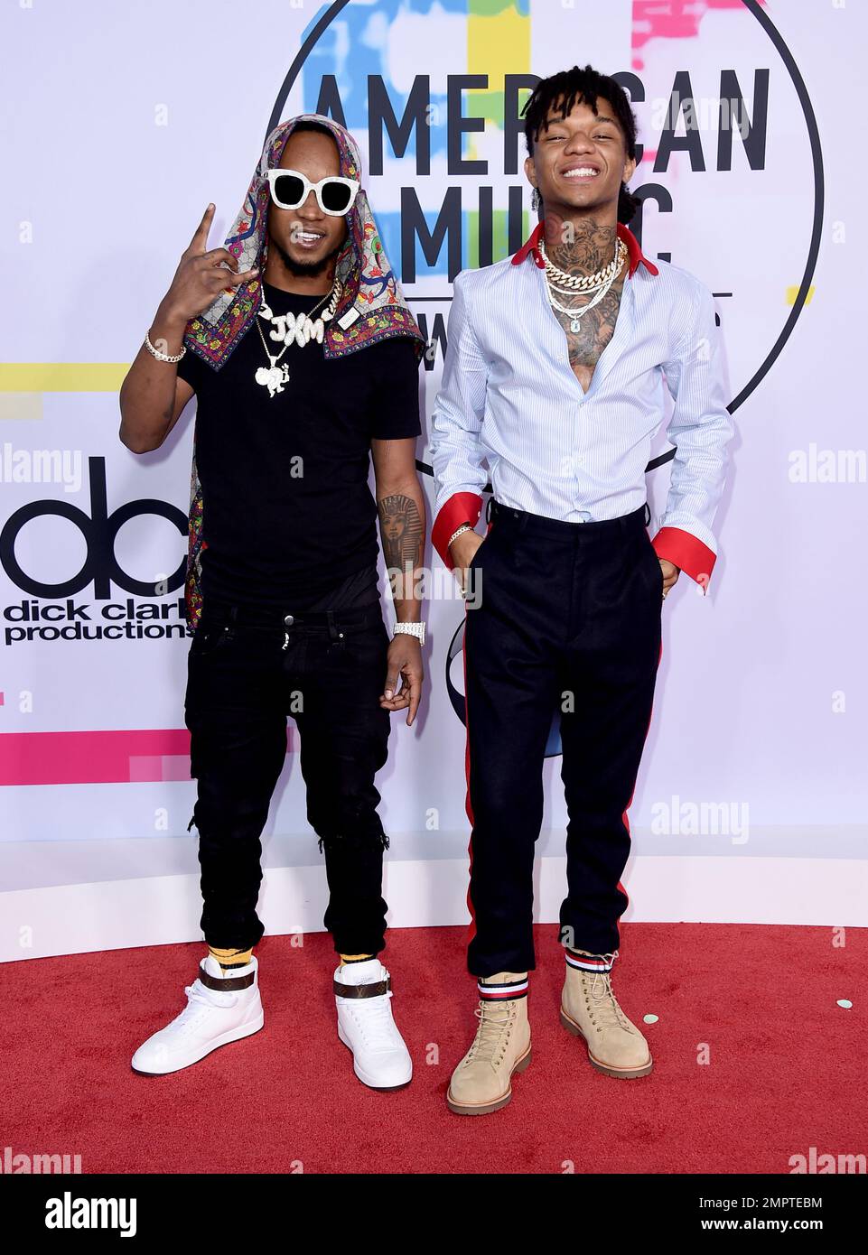 Slim Jxmmi, left, and Swae Lee, of Rae Sremmurd arrive at the American ...