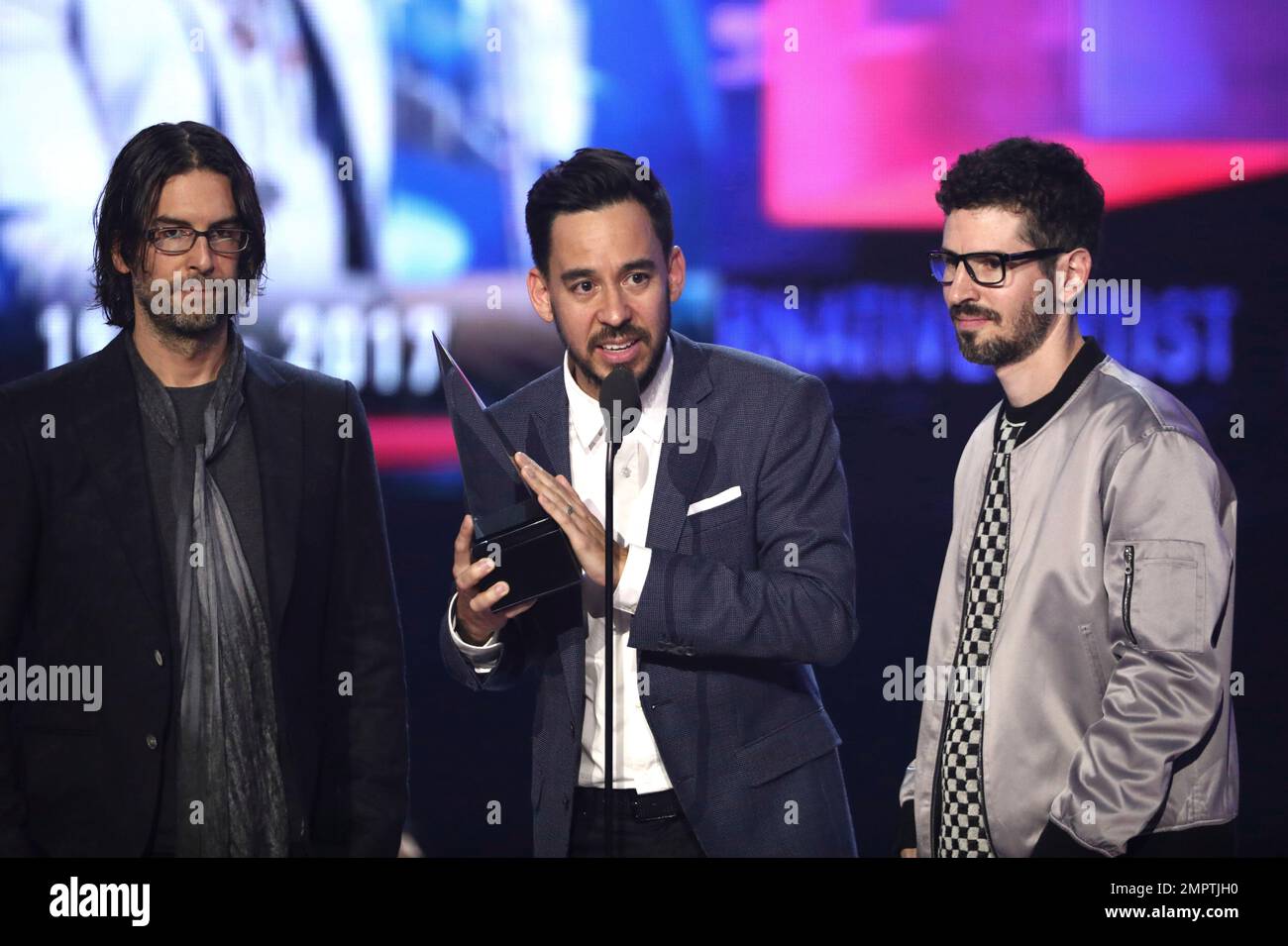 Rob Bourdon, from left, Mike Shinoda, and Brad Delson of Linkin Park ...