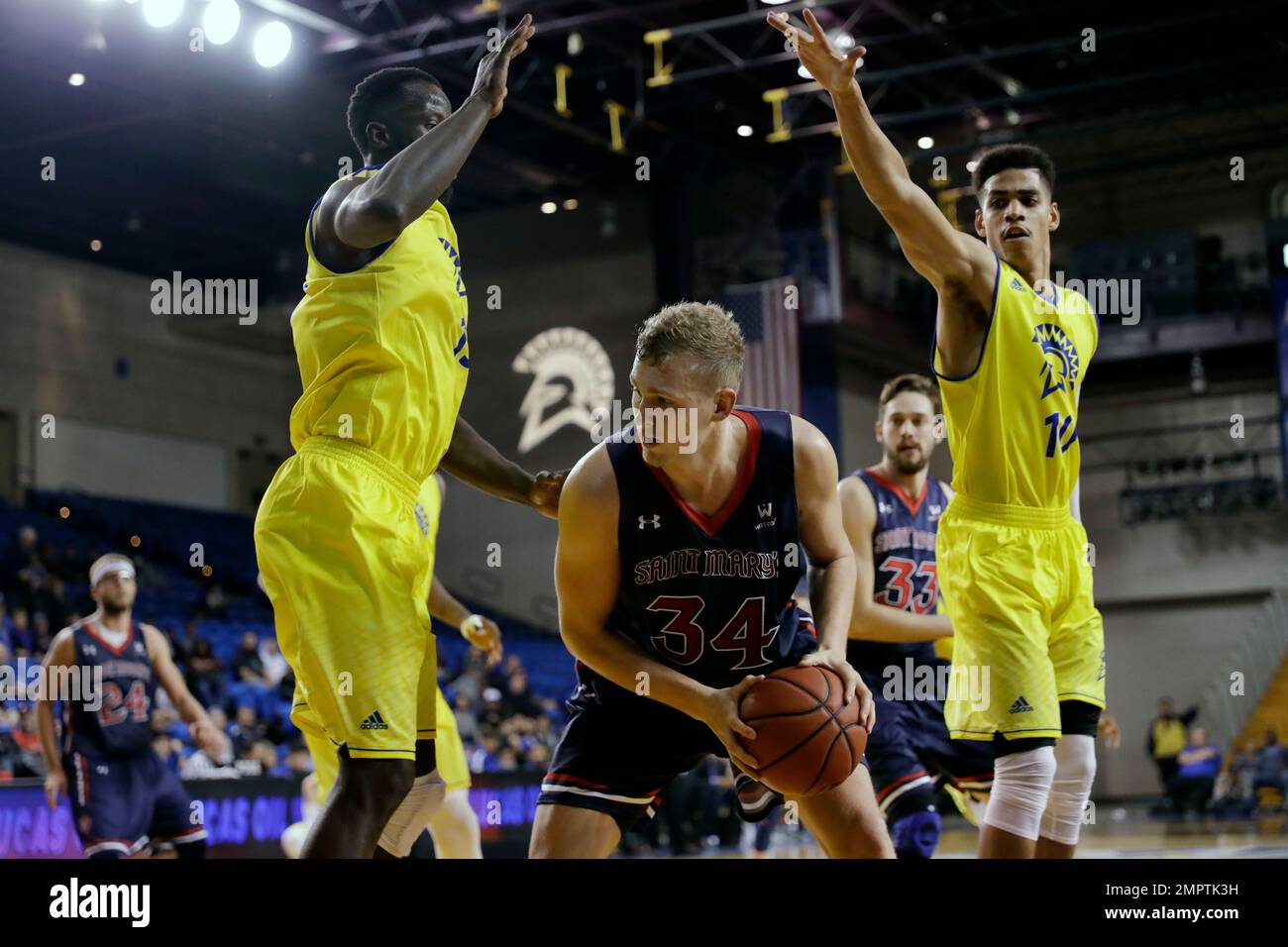 Saint Mary's center Jock Landale (34) is defended by San Jose State ...