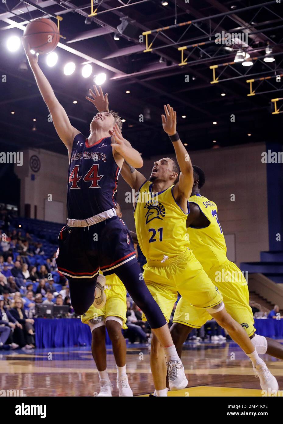 Saint Mary's guard Cullen Neal (44) drives past San Jose State guard ...