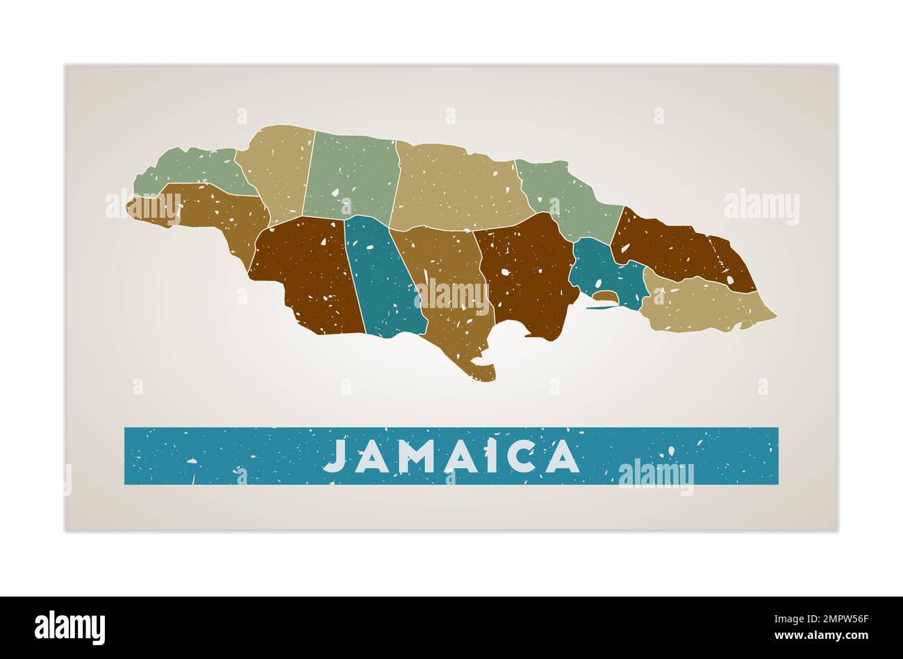 Jamaica map. Country poster with regions. Old grunge texture. Shape of ...