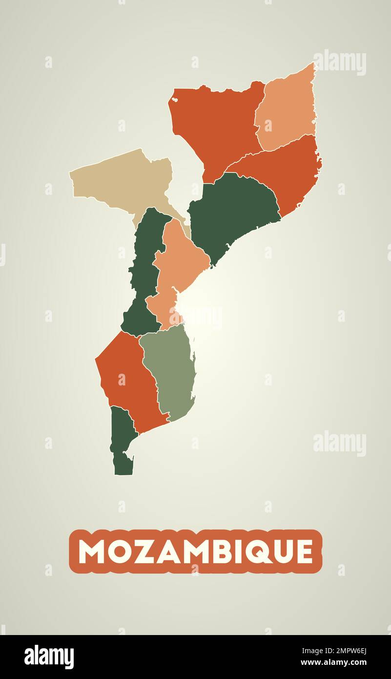 Mozambique poster in retro style. Map of the country with regions in ...