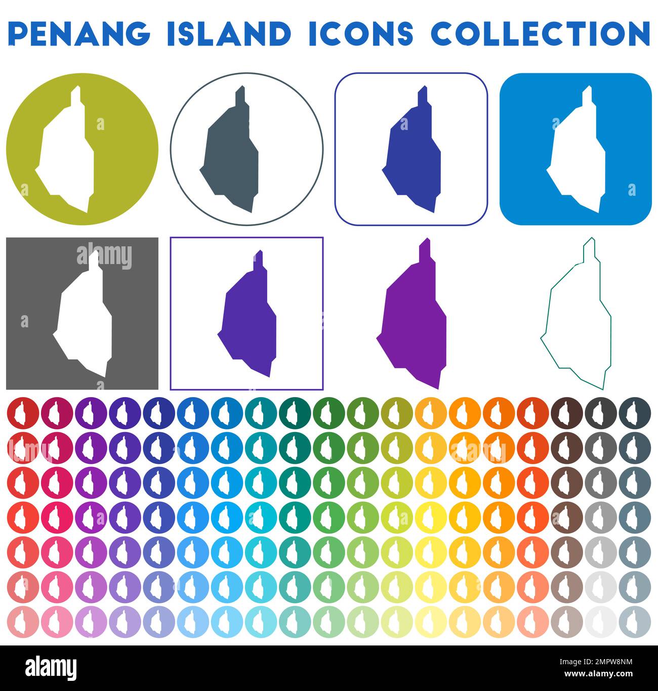 Penang Island icons collection. Bright colorful trendy map icons ...
