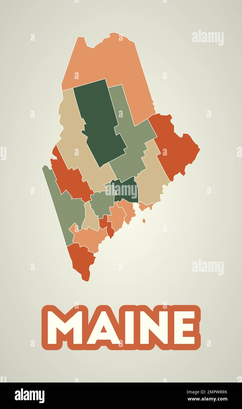 Maine poster in retro style. Map of the US state with regions in autumn ...