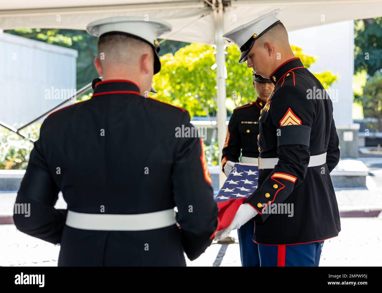 U.S. Marines with Marine Medium Tiltrotor Squadron VMM-363, fold an ...