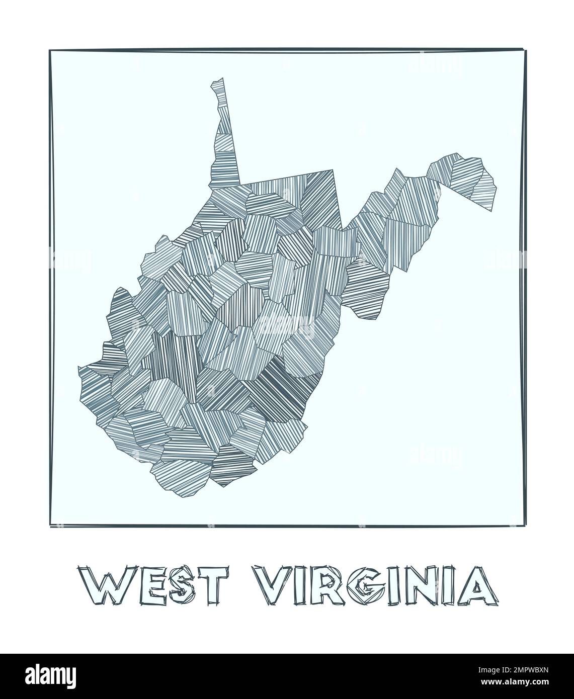 Sketch map of West Virginia. Grayscale hand drawn map of the us state ...
