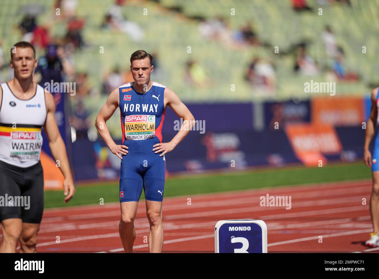 Karsten Warholm at the start of the 400 meter hurdles at the 2022 ...