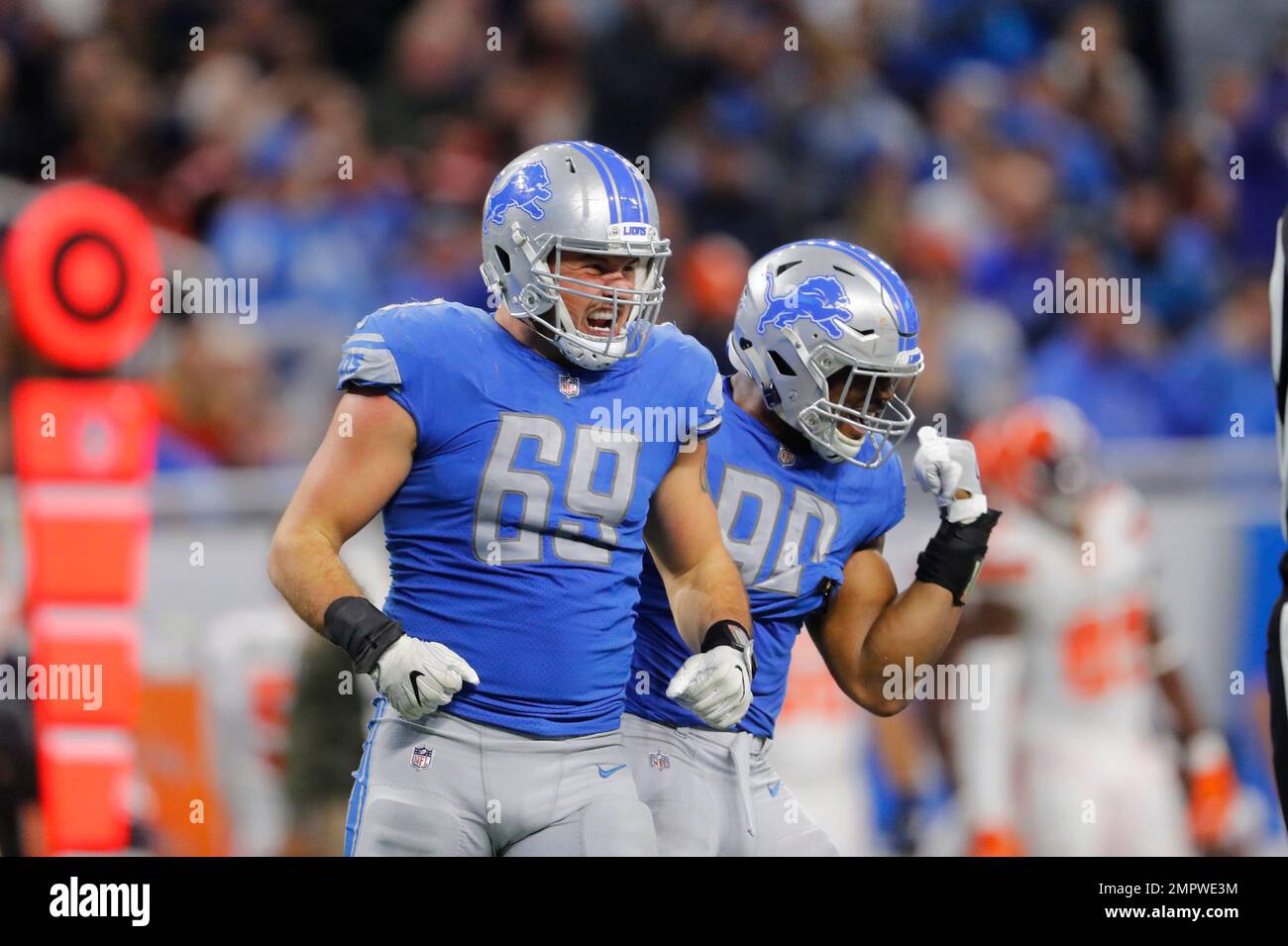 Detroit Lions defensive end Anthony Zettel (69) celebrates a tackle ...