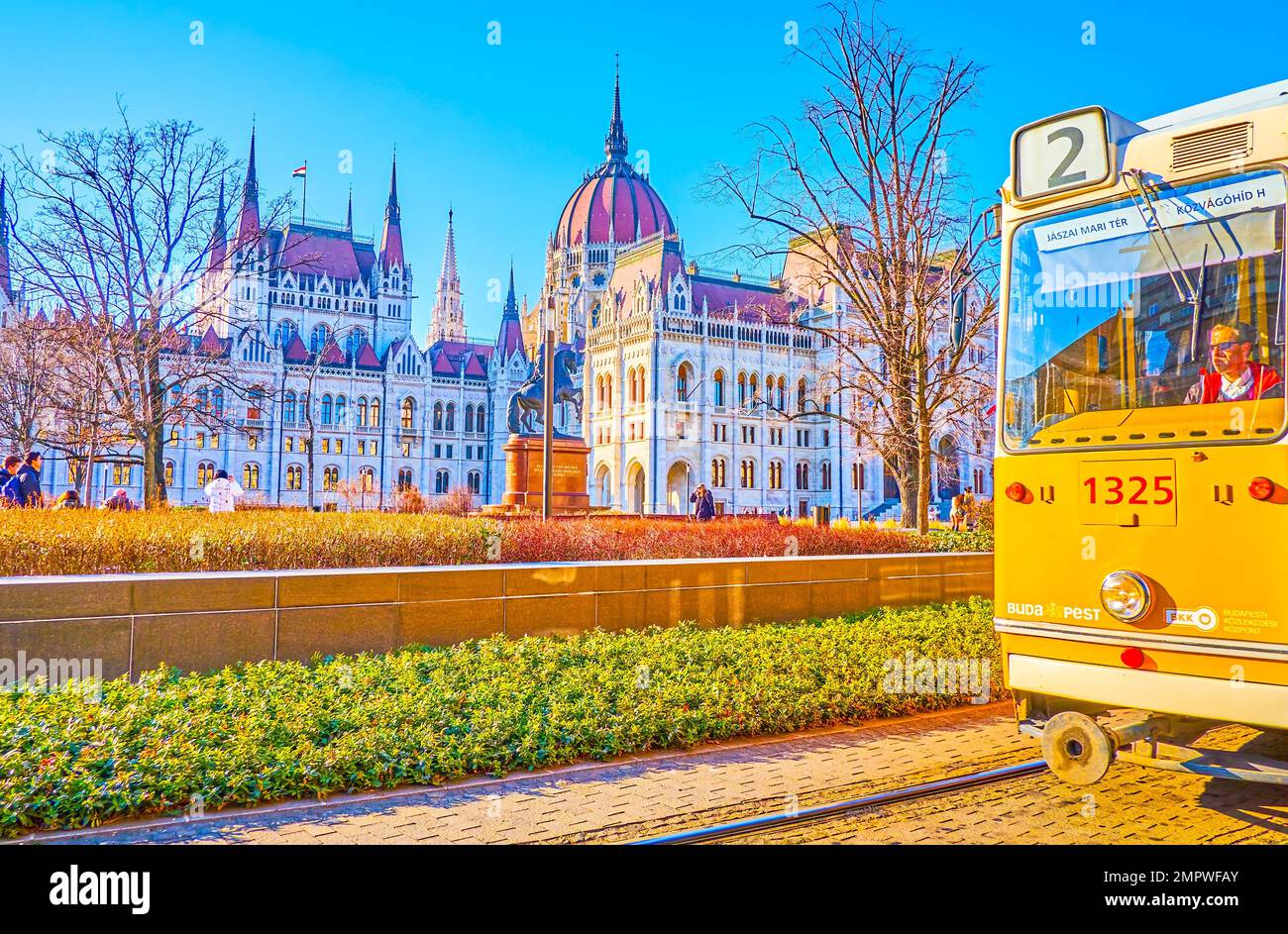 BUDAPEST, HUNGARY - MARCH 2, 2022: Traditional yellow Budapest's tram ...