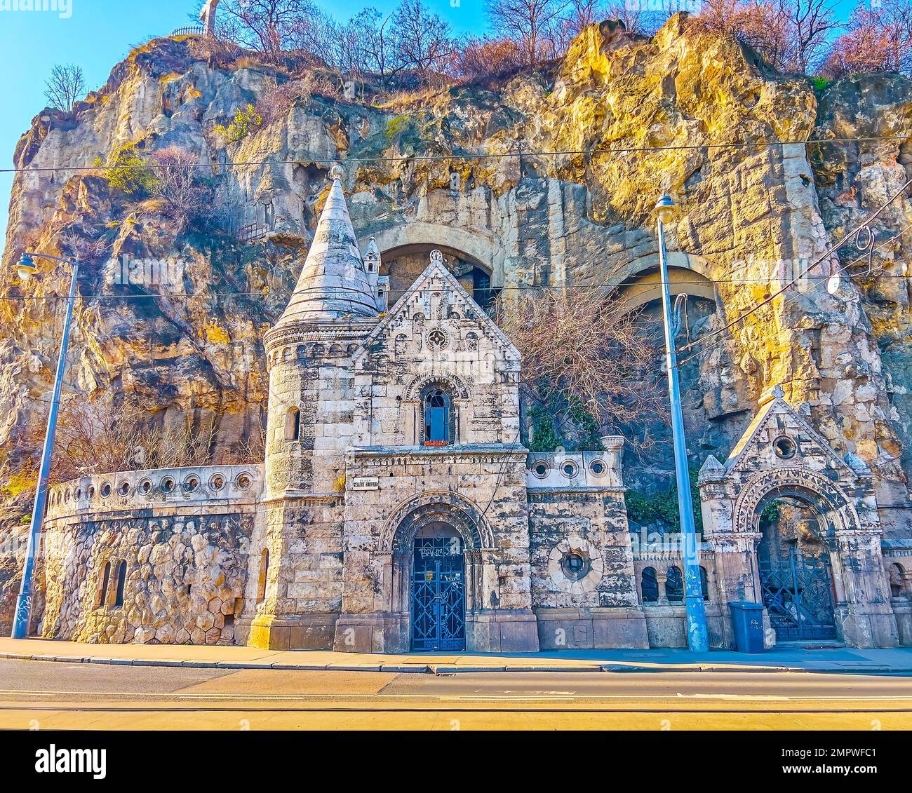 Neo-Romanesque facade of historic Gellert Hill Cave monastery on the ...