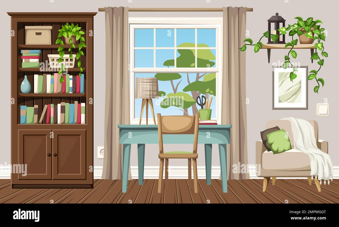 Room interior with a bookcase, a desk, an armchair, and a big window ...
