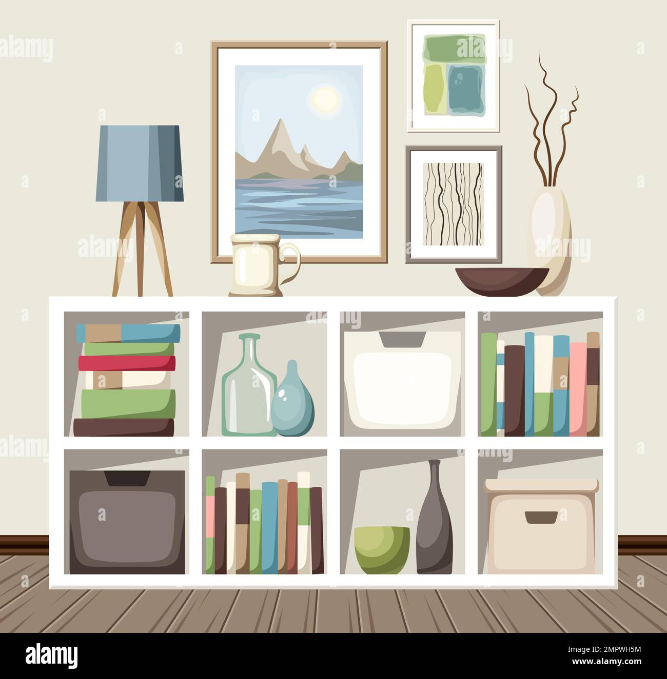 White shelving with books, boxes, and a lamp. Scandinavian room ...