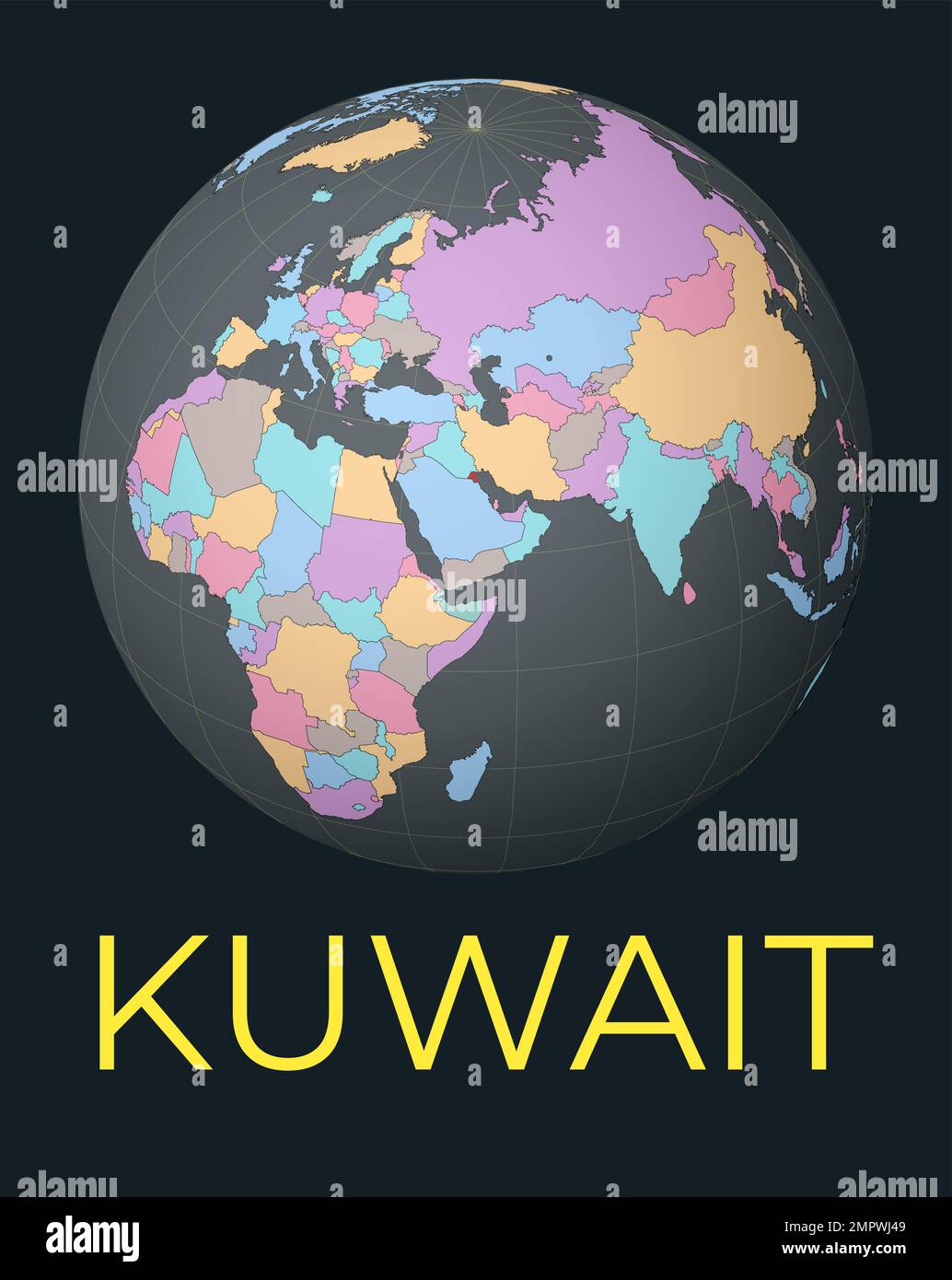 World map centered on Kuwait. Red country highlighted. Satellite world ...
