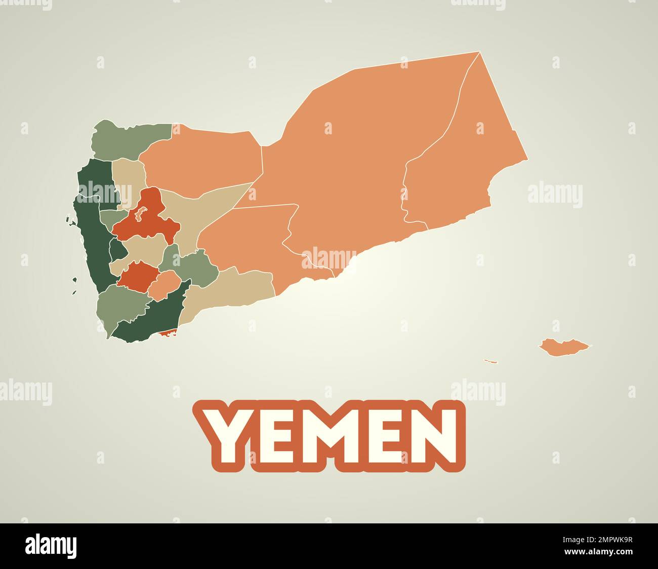 Yemen poster in retro style. Map of the country with regions in autumn ...