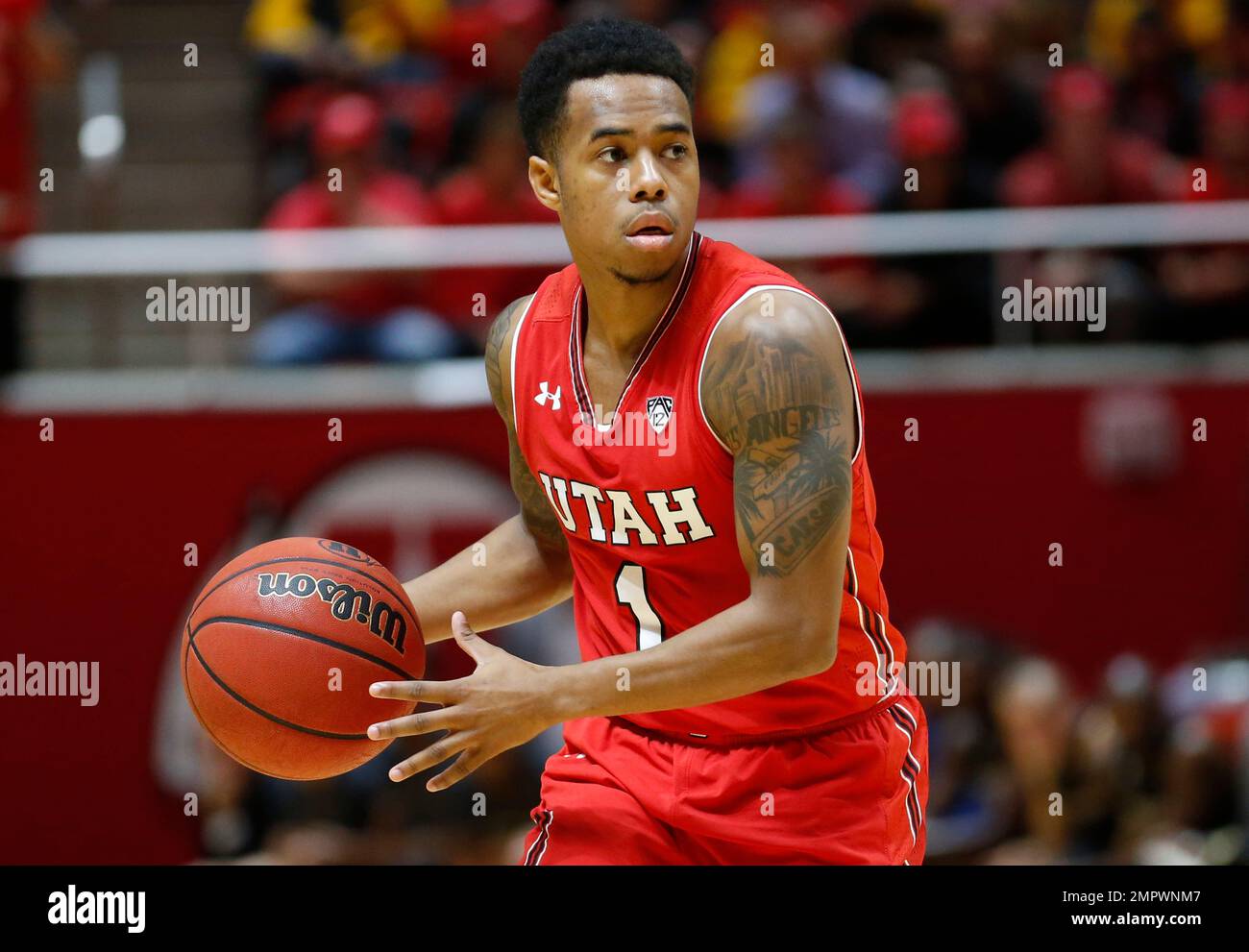Utah guard Justin Bibbins (1) brings the ball up court in the second ...