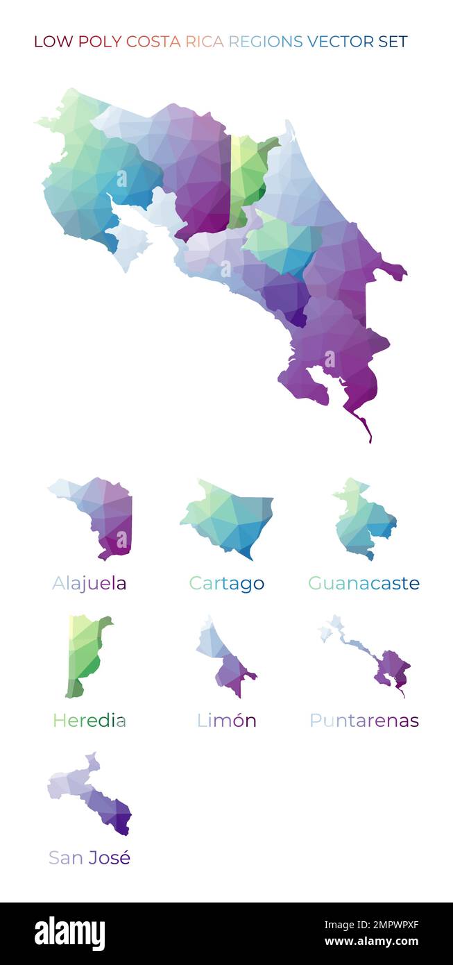 Costa Rican low poly regions. Polygonal map of Costa Rica with regions ...