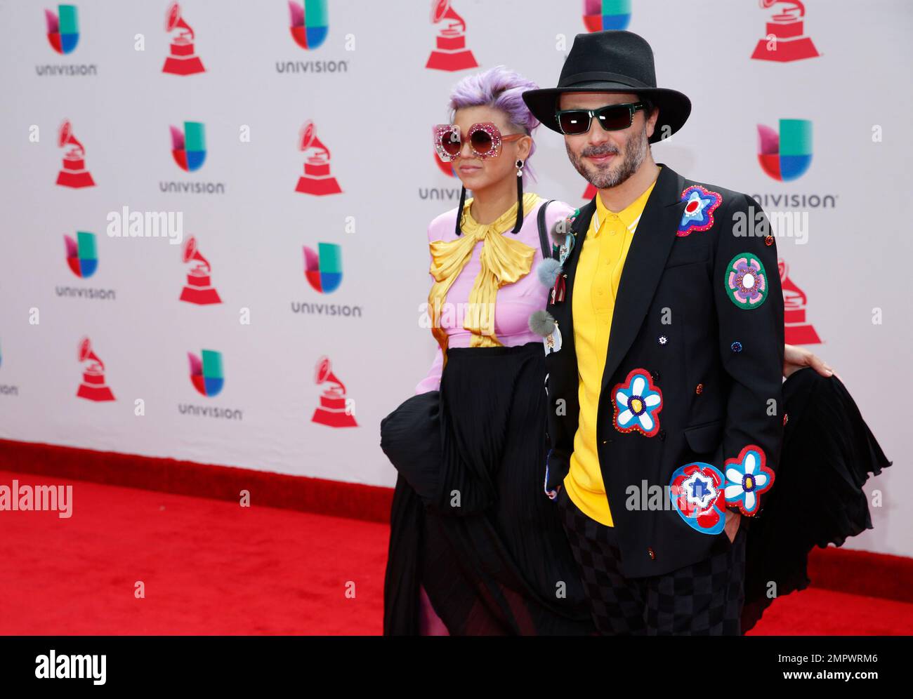 Li Saumet, left, and Simon Mejia, of Bomba Estereo, arrive at the 18th ...