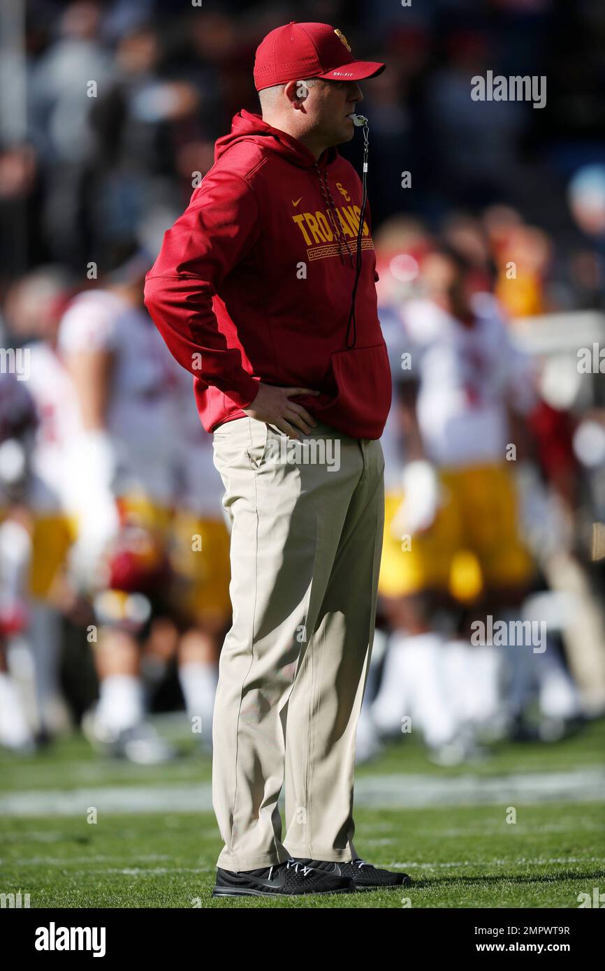 USC Trojans head coach Clay Helton in the first half of an NCAA college ...