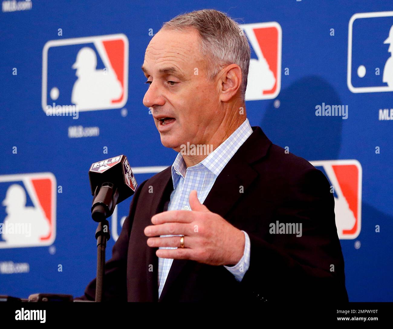 Major League Baseball commissioner Rob Manfred delivers remarks during ...