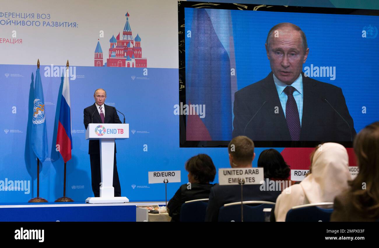 Russian President Vladimir Putin delivers his speech attending the ...