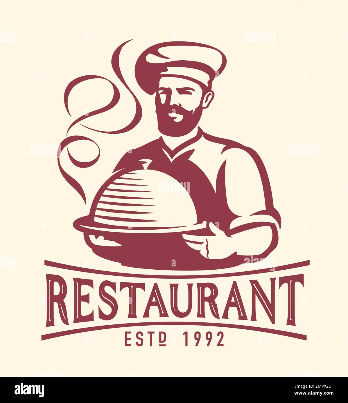 Chef in hat holds tray with lid for hot dish. Emblem or logo design for ...
