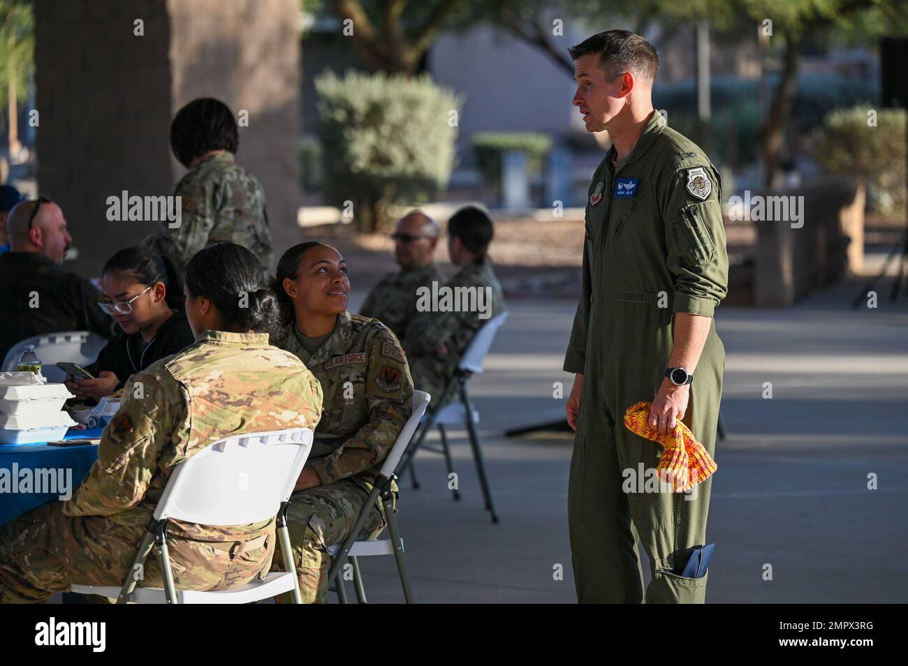 U.S. Air Force Col. Scott Mills, 355th Wing commander, speaks to a ...