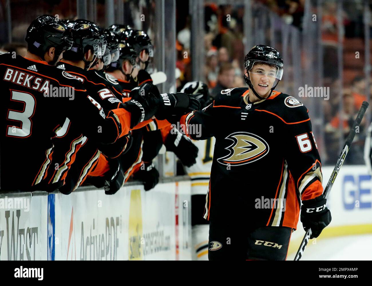 Anaheim Ducks left wing Kevin Roy celebrates after his first NHL goal ...
