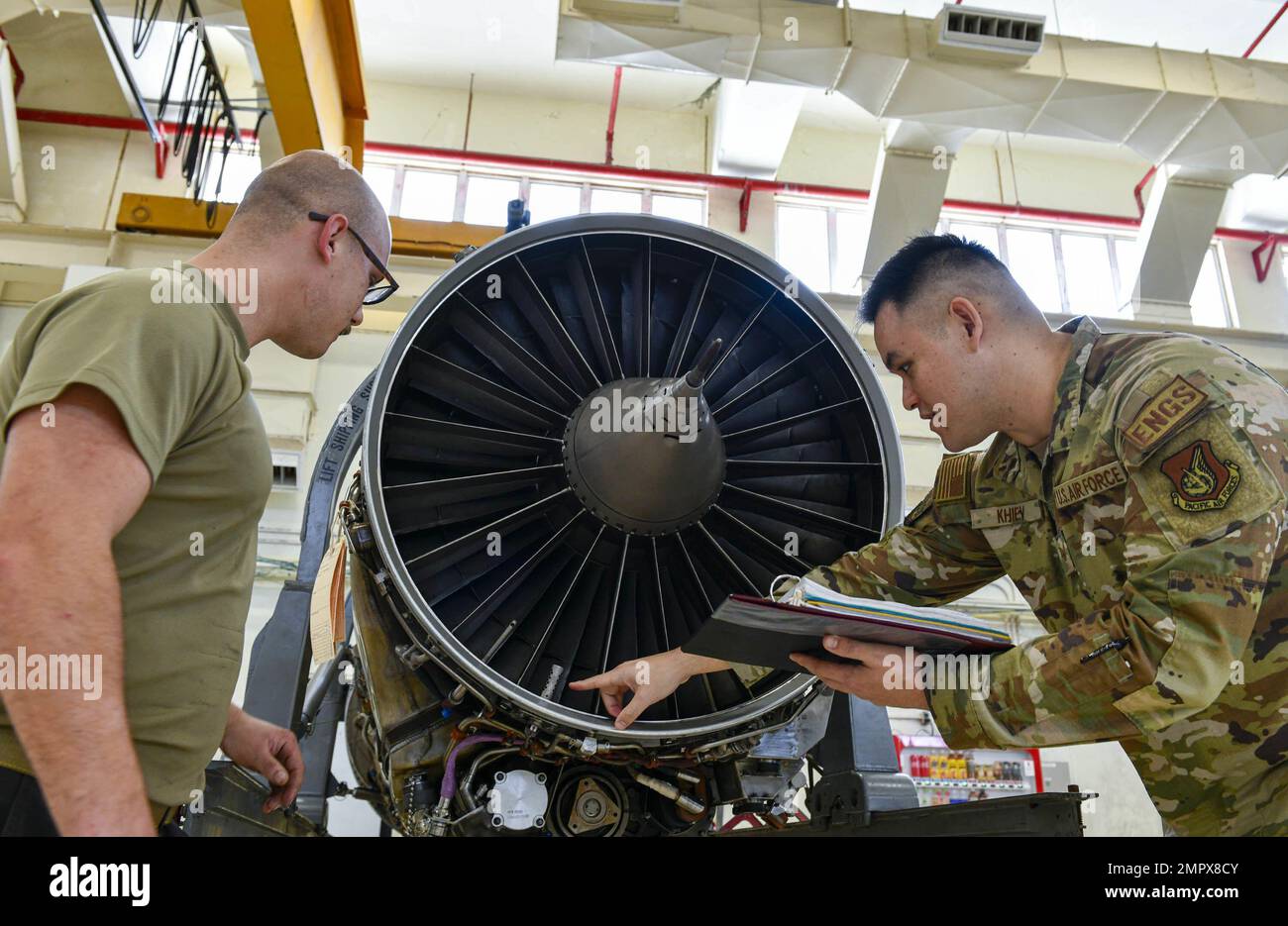 U.S. Air Force Staff Sgt. Emerson Khiev, 18th Maintenance Group engine ...