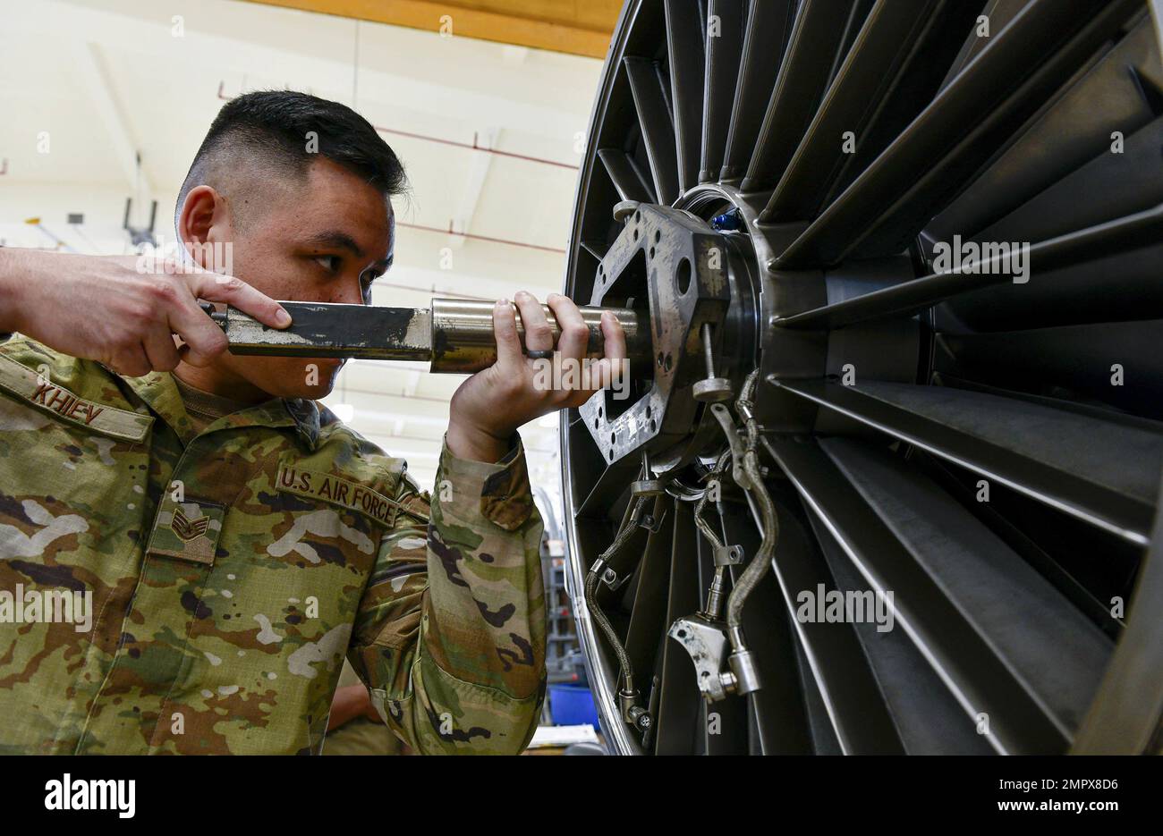 U.S. Air Force Staff Sgt. Emerson Khiev, 18th Maintenance Group engine ...