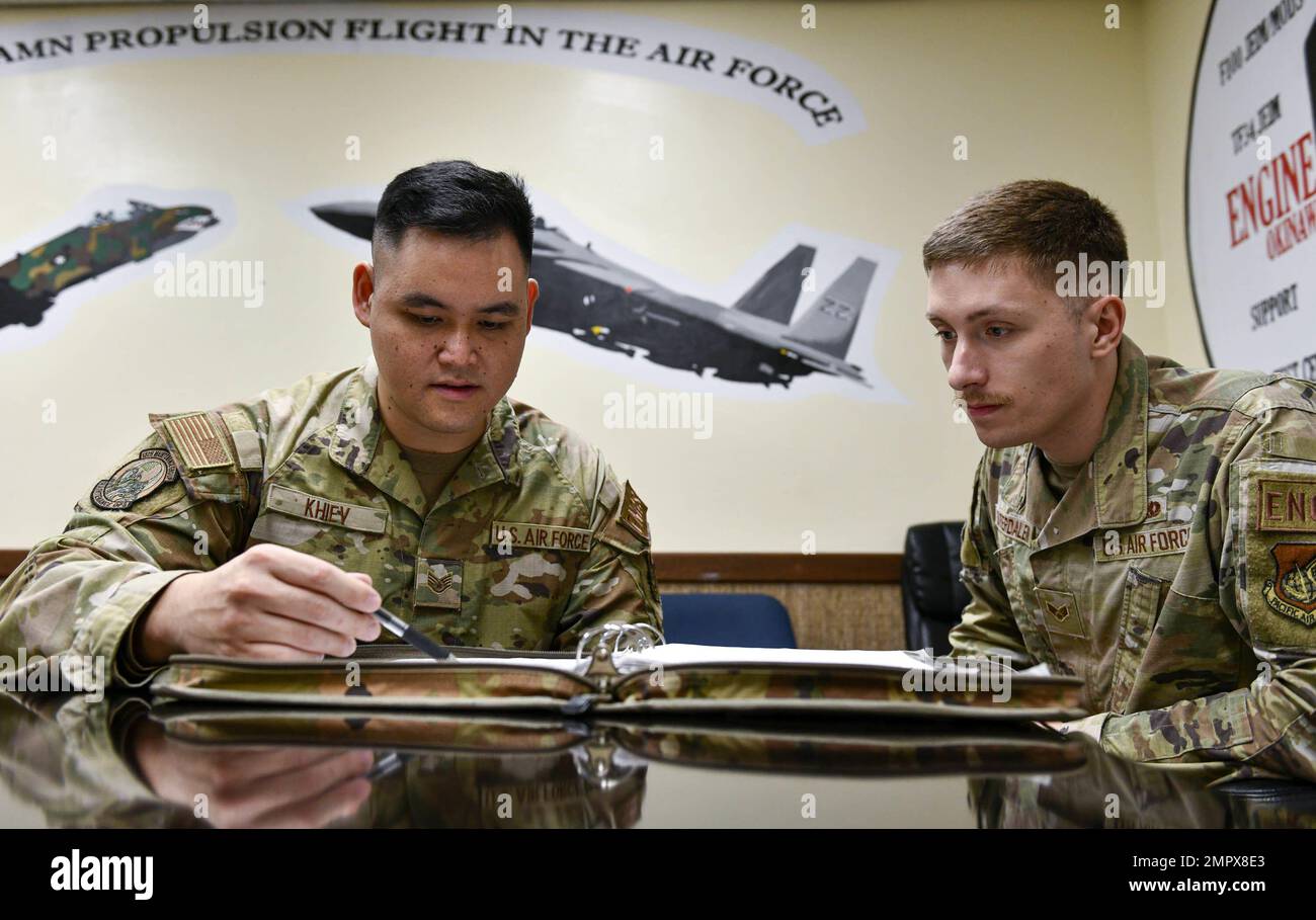 U.S. Air Force Staff Sgt. Emerson Khiev, 18th Maintenance Group engine ...
