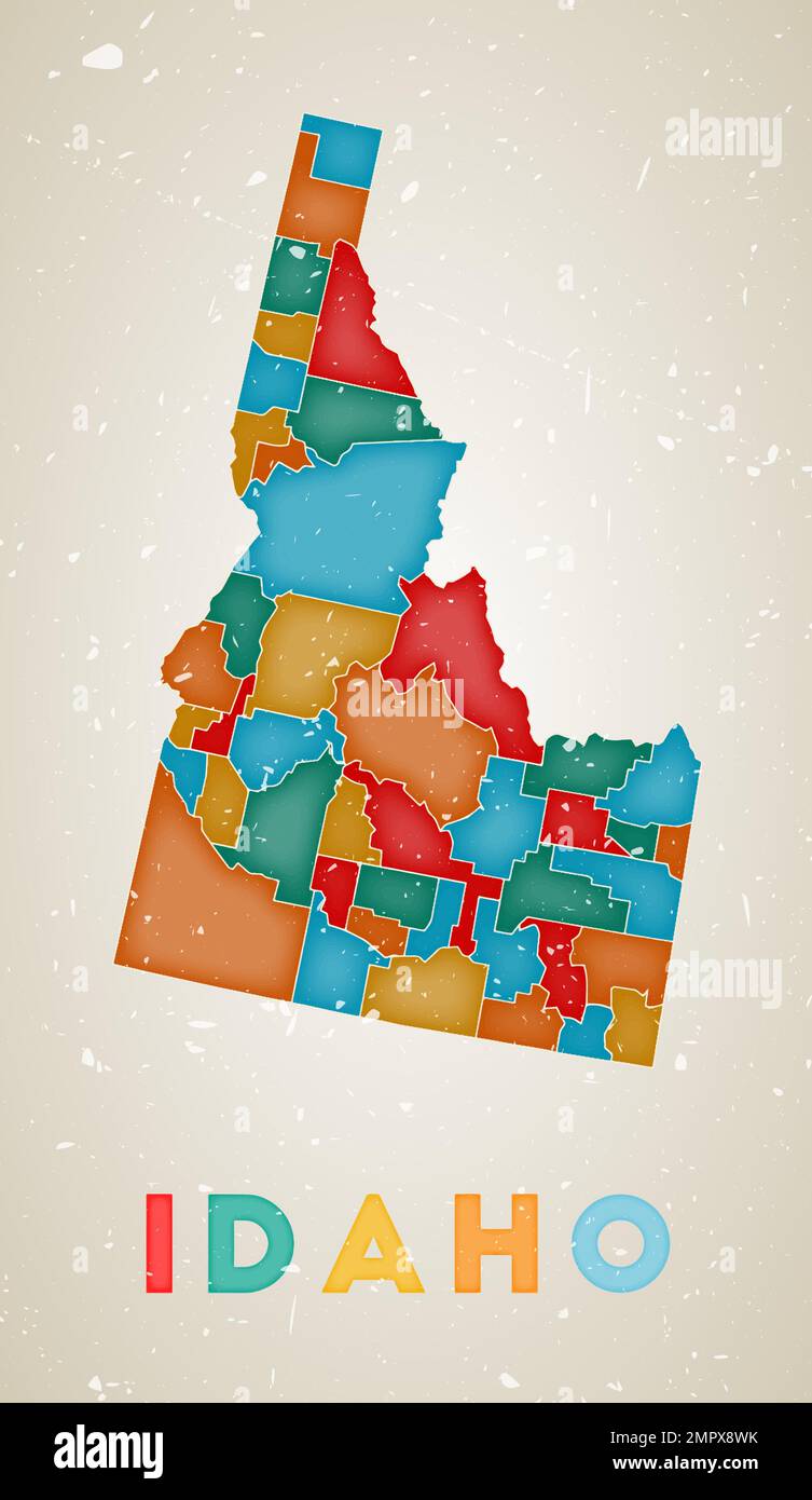 Idaho map. Us state poster with colored regions. Old grunge texture ...