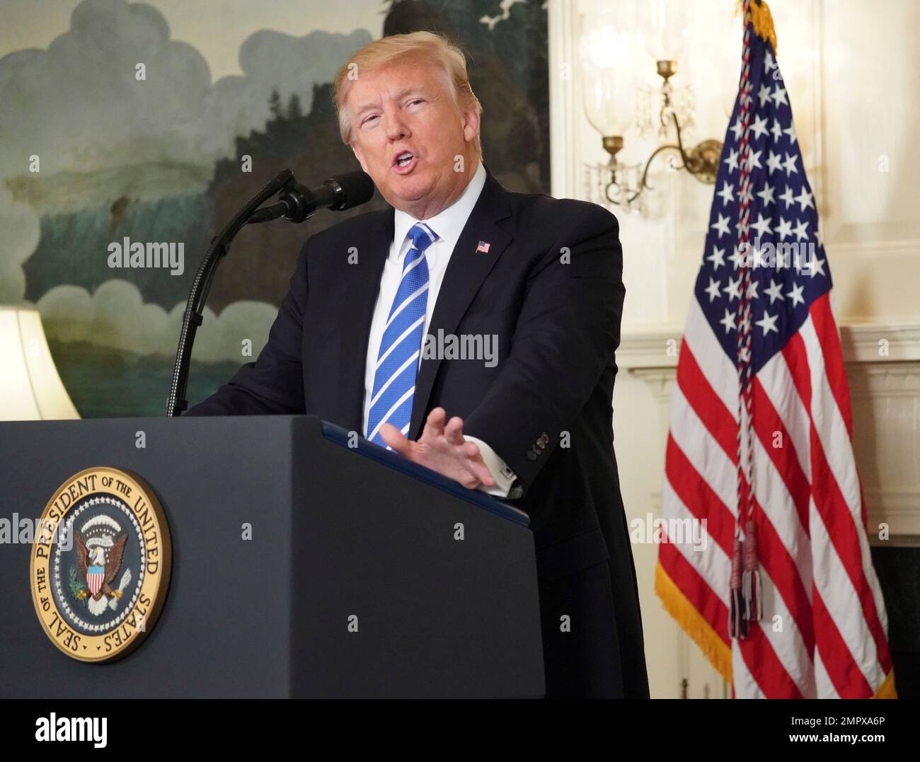 President Donald Trump speaks in the Diplomatic Reception Room of the ...
