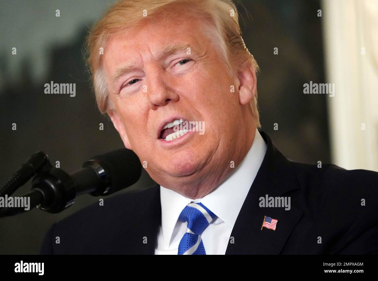 President Donald Trump speaks in the Diplomatic Reception Room of the ...