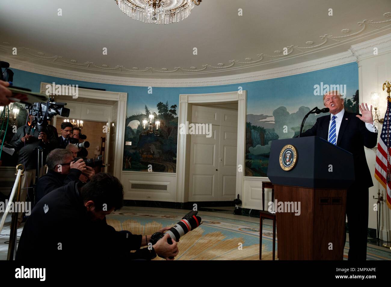President Donald Trump speaks about his trip to Asia in the Diplomatic ...