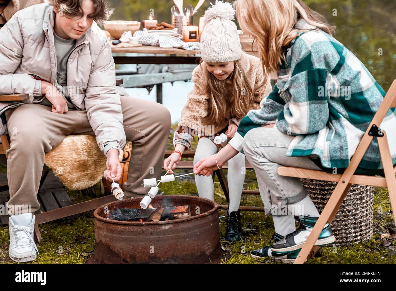 Children,family,brother sister fry marshmallows on fire. Picnic in ...