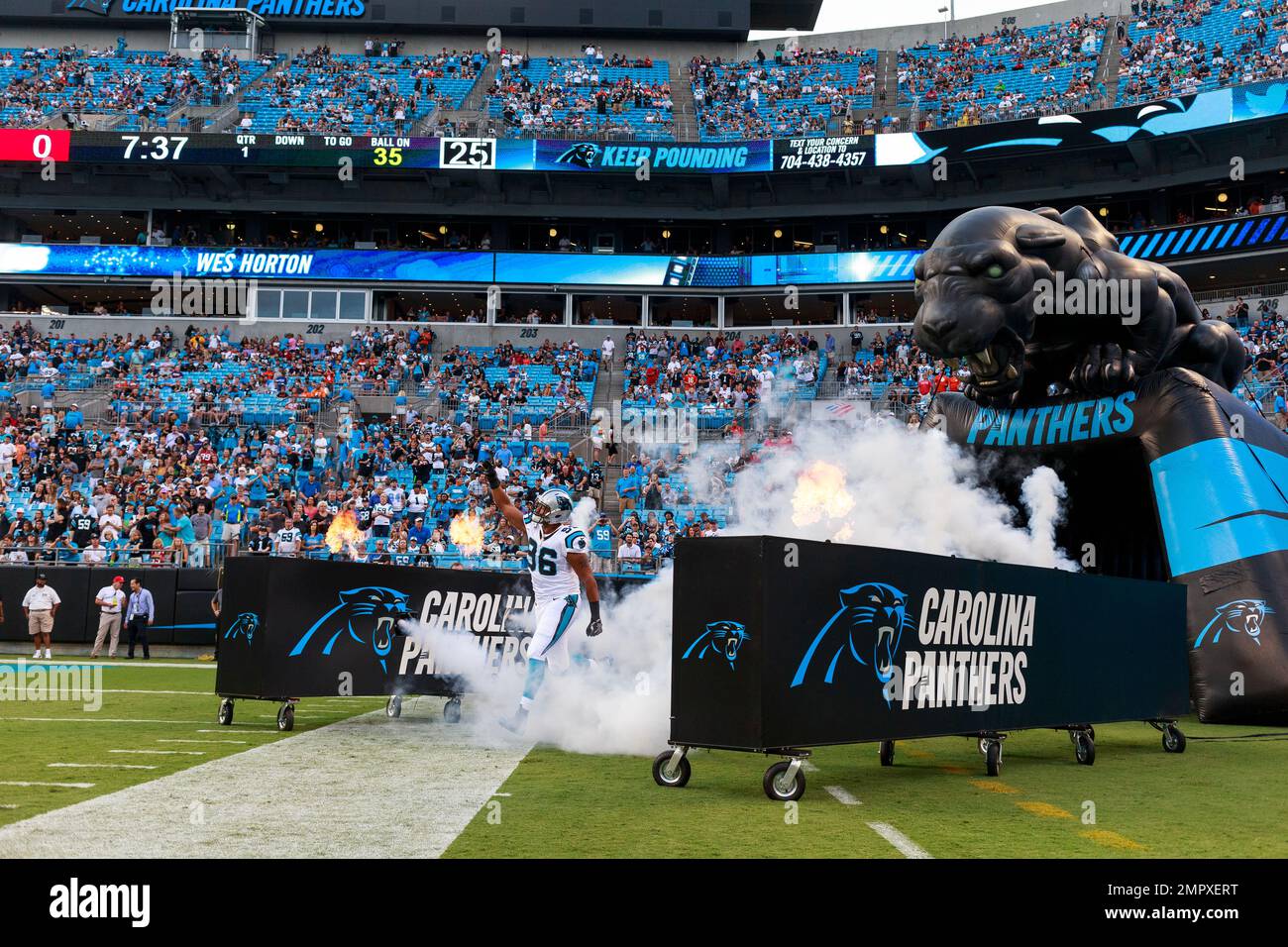 Carolina Panthers defensive end Wes Horton (96) runs onto the field ...