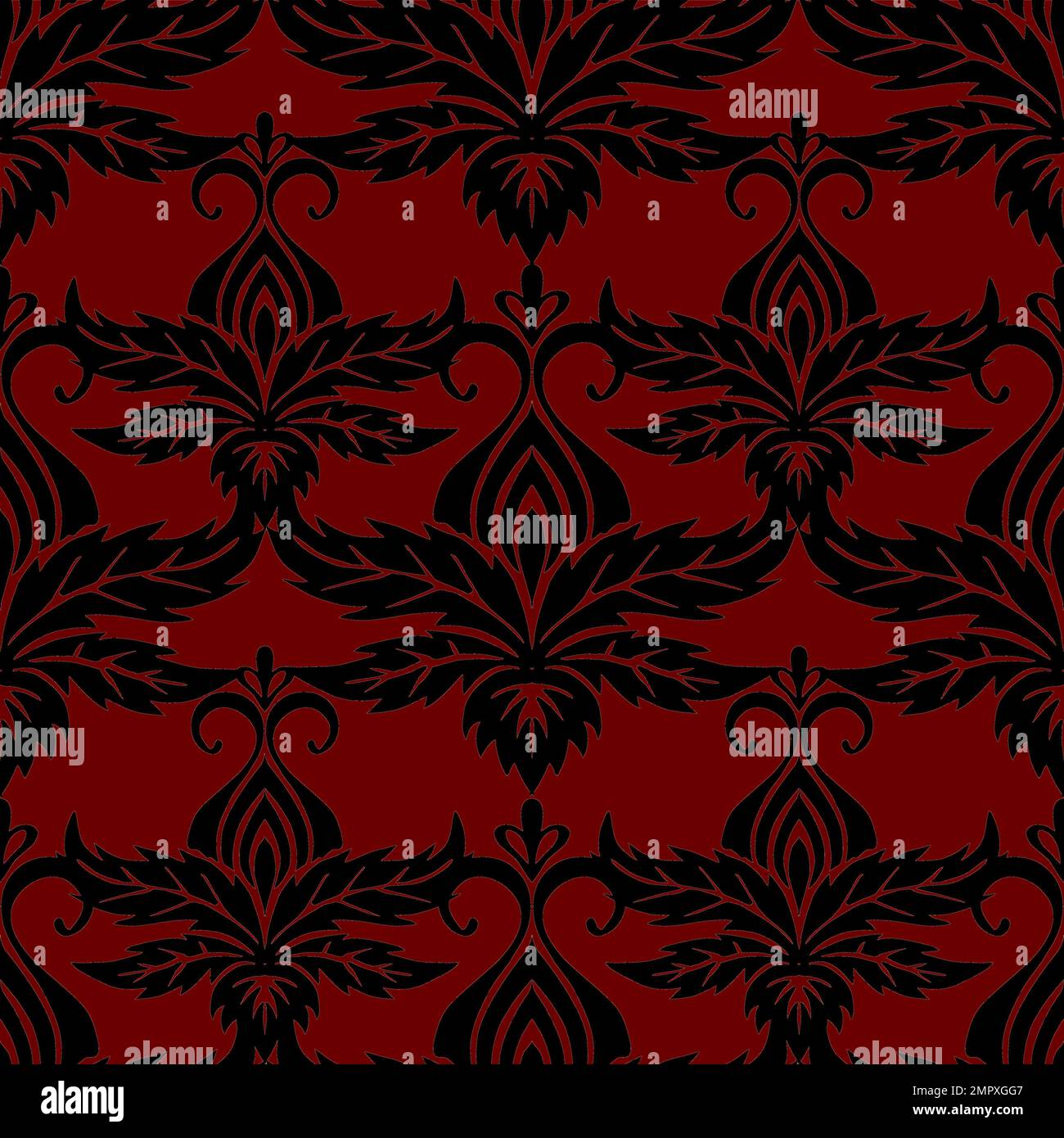 seamless symmetrical pattern of abstract black elements on a burgundy ...
