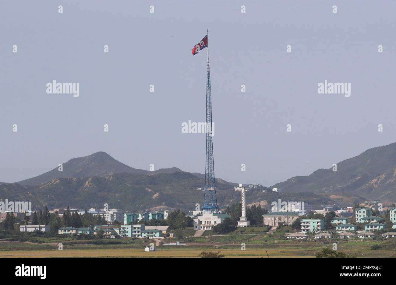 In this Sept. 28, 2017, photo, a North Korean flag flutters in the wind ...