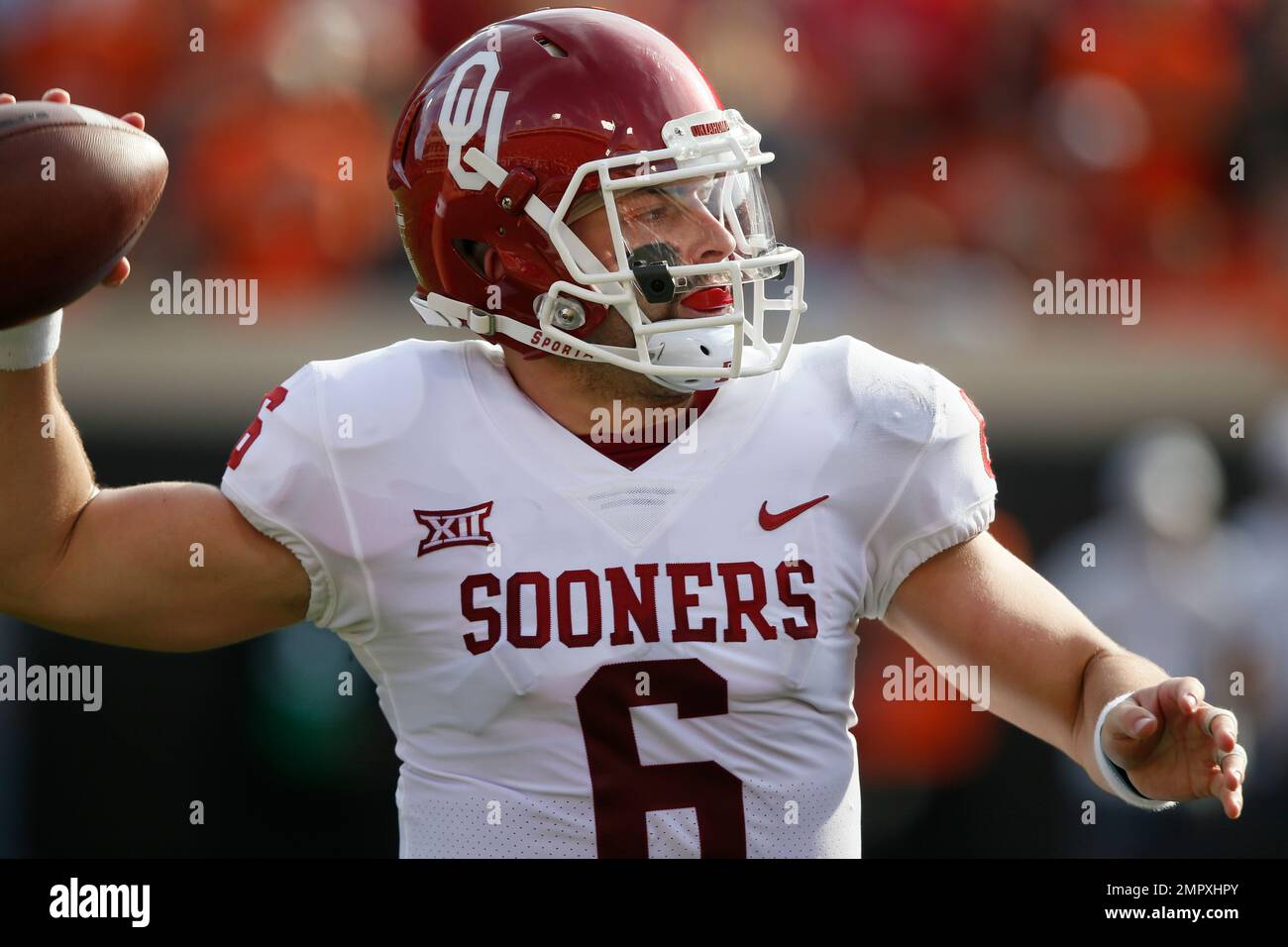 Oklahoma quarterback Baker Mayfield throws during an NCAA college football game against Oklahoma ...