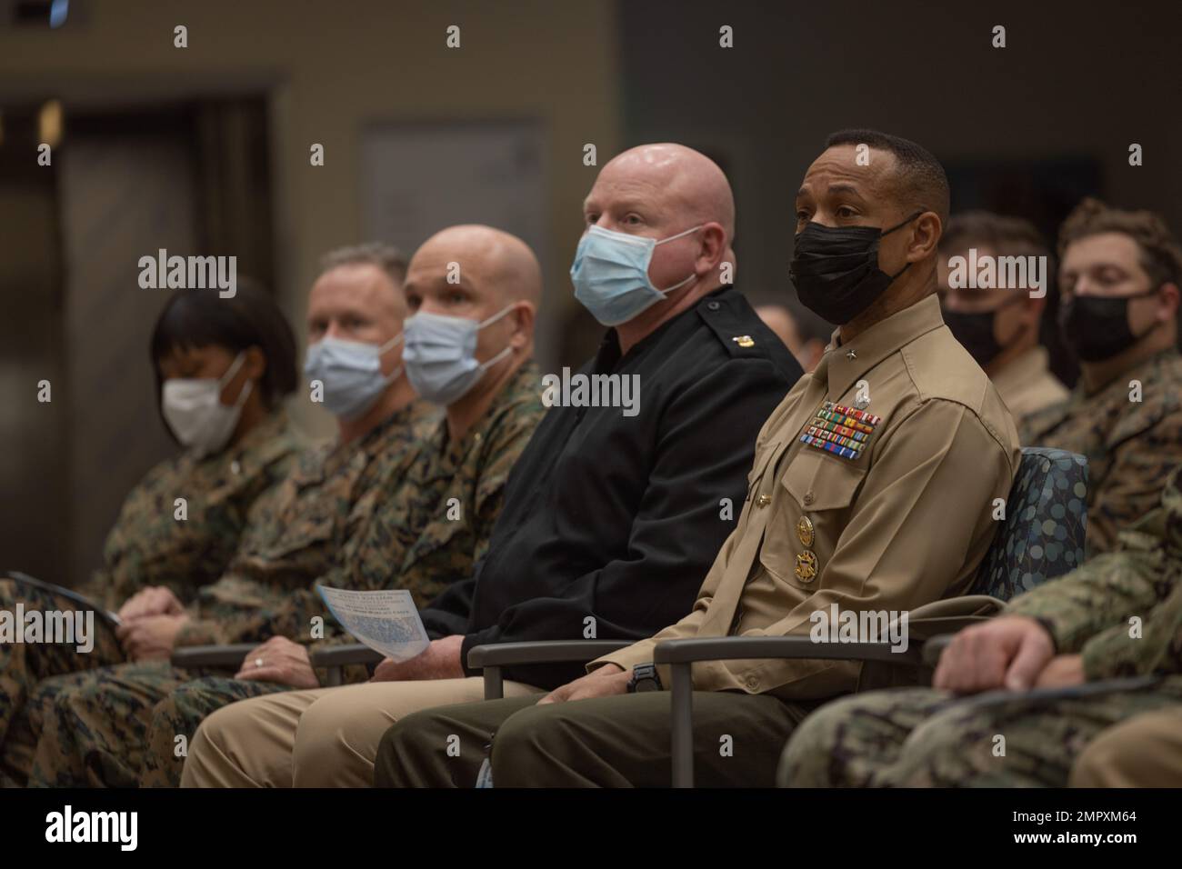 U.S. Marine Corps Brig. Gen. Calvert Worth, commanding general of 2d Marine Division, listens to ...