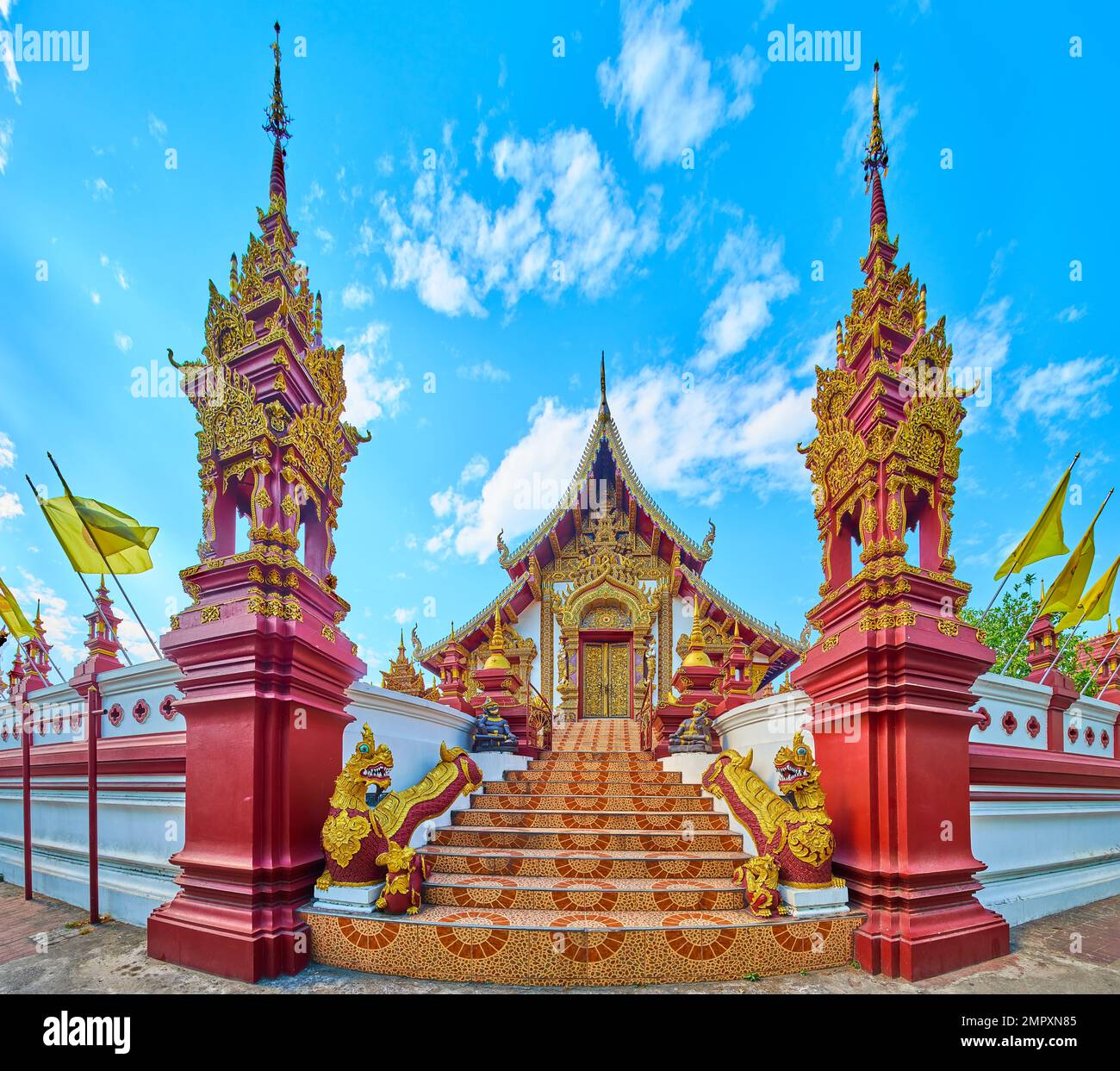 Panorama of the facade of Wat Ratcha Monthian temple with ornate Ku ...