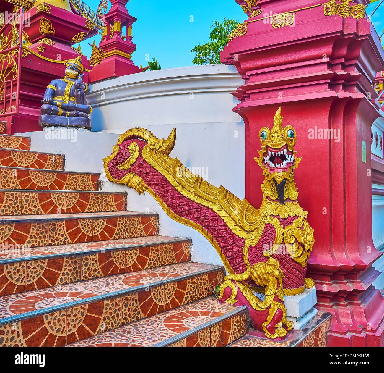 The statues of Mom aquatic mythical creature and Yaksha guardian at the ...