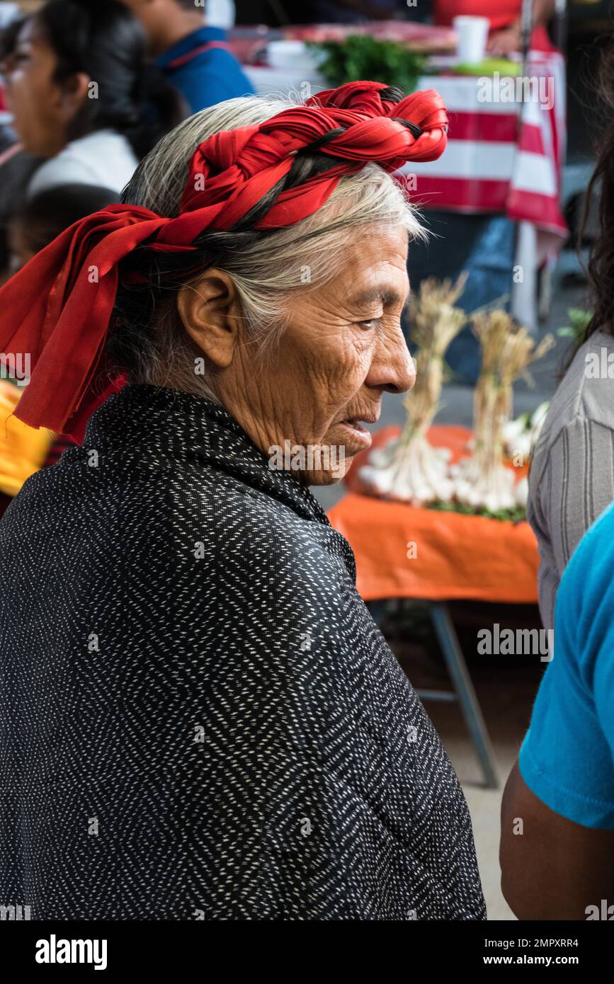 An indigenous Zapotec woman in traditional dress in the market in ...
