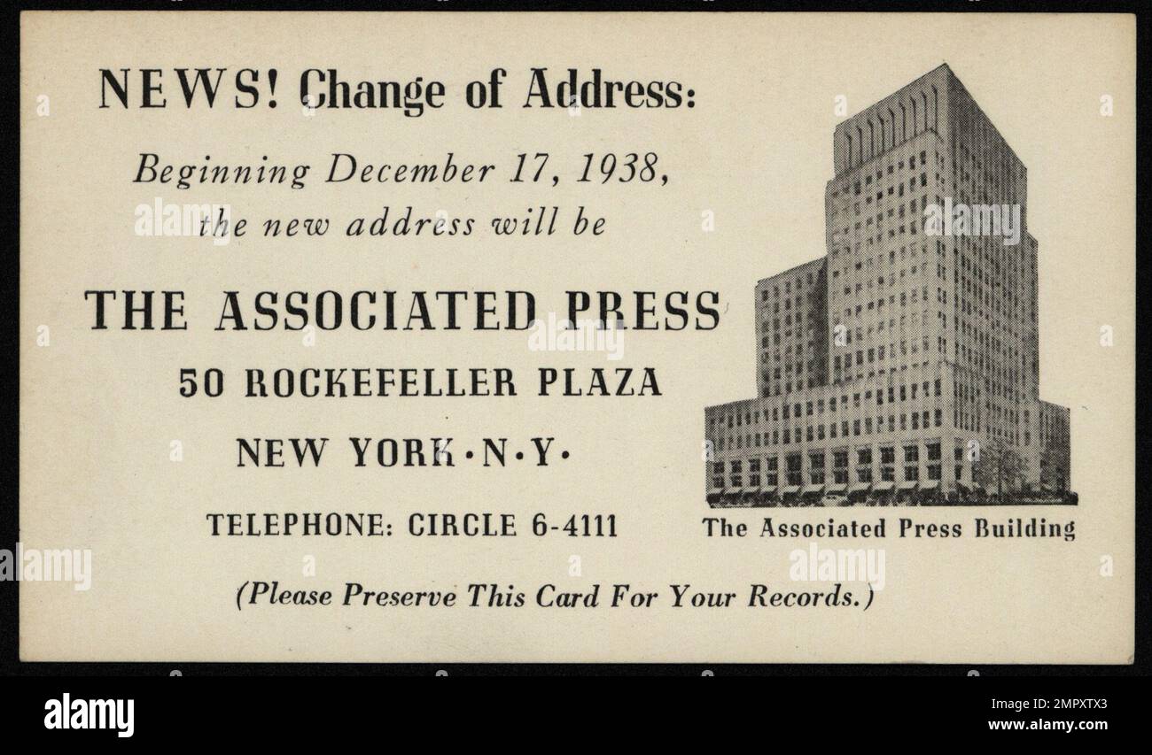 Change of address card marking the AP's move to 50 Rockefeller Plaza in ...