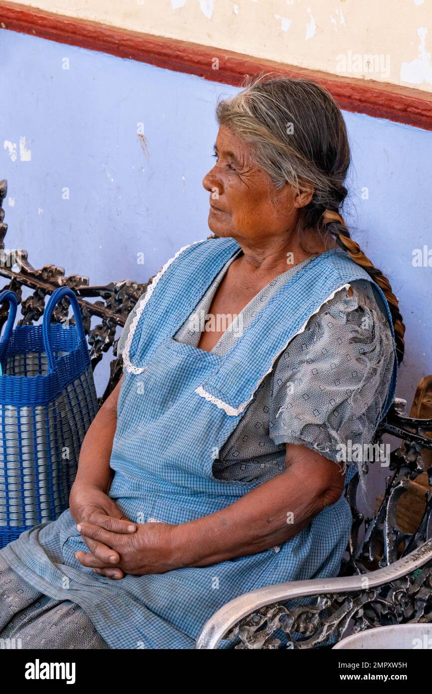 An indigenous Zapotec woman in typical dress in the market in Ocotlan ...