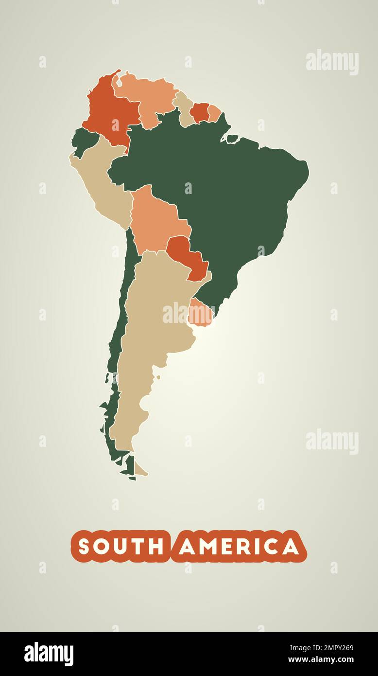 South America poster in retro style. Map of the continent with regions ...