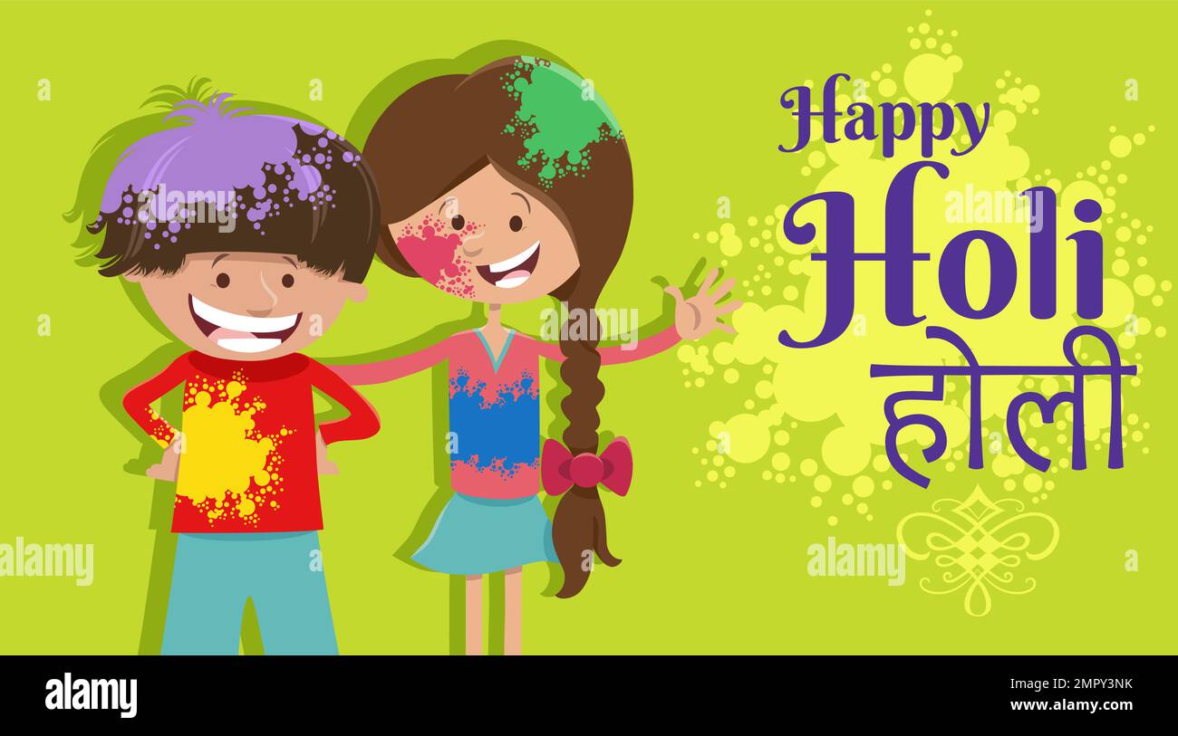 Cartoon illustration of Hindu Holi festival design with comic children ...